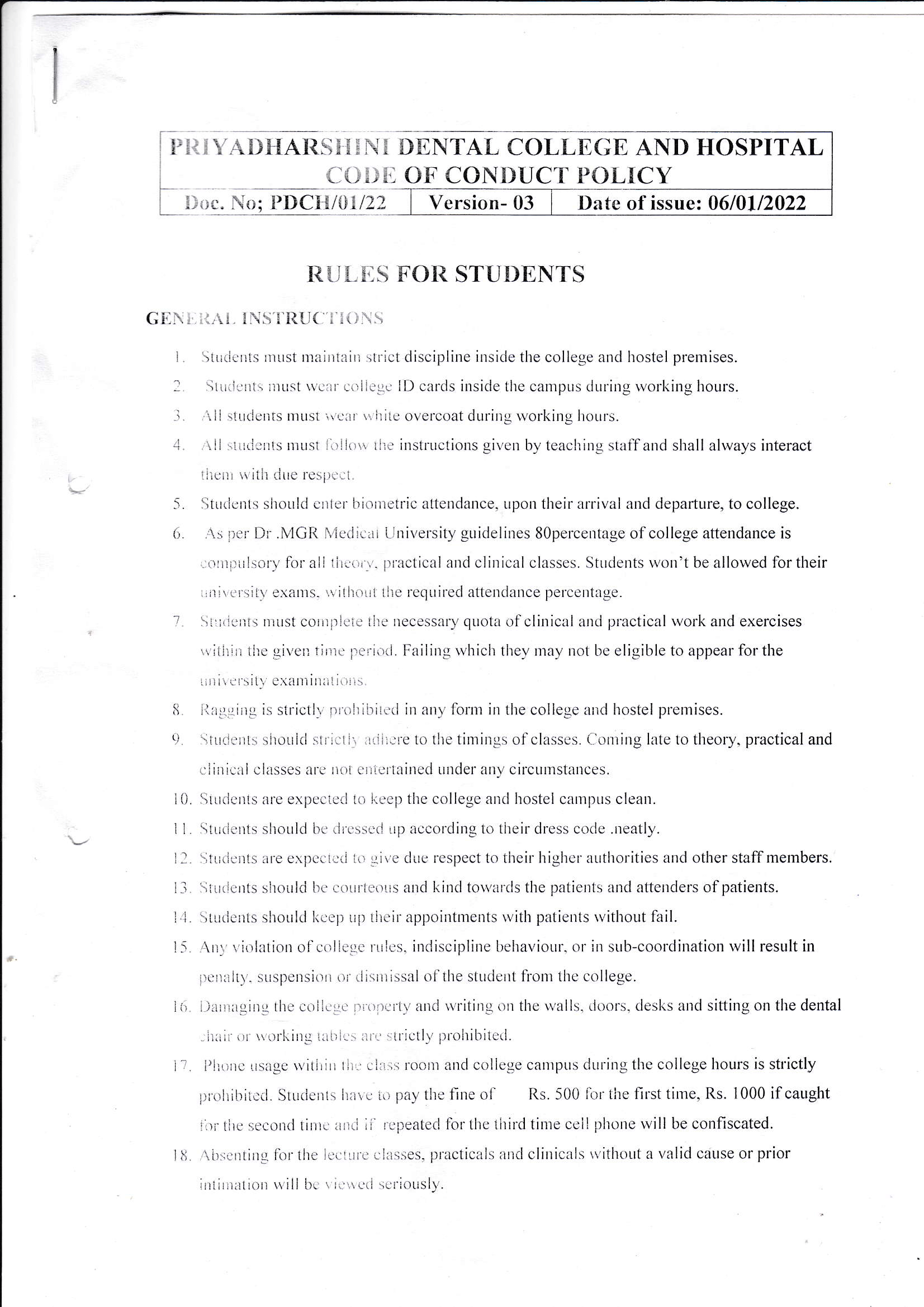 Code of Conduct for Student – PDCH