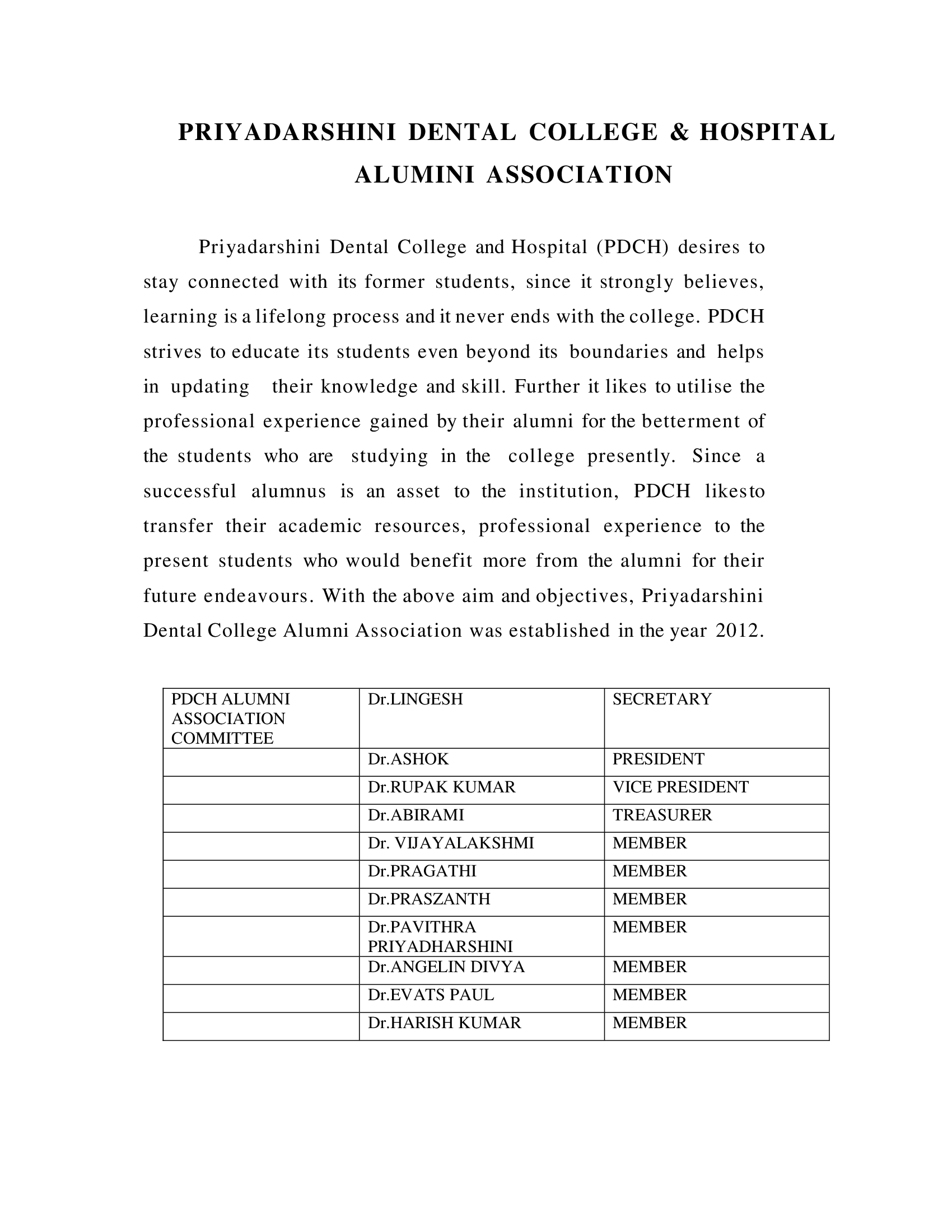 PRIYADARSHINI DENTAL COLLEGE & HOSPITAL ALUMINI ASSOCIATION – PDCH